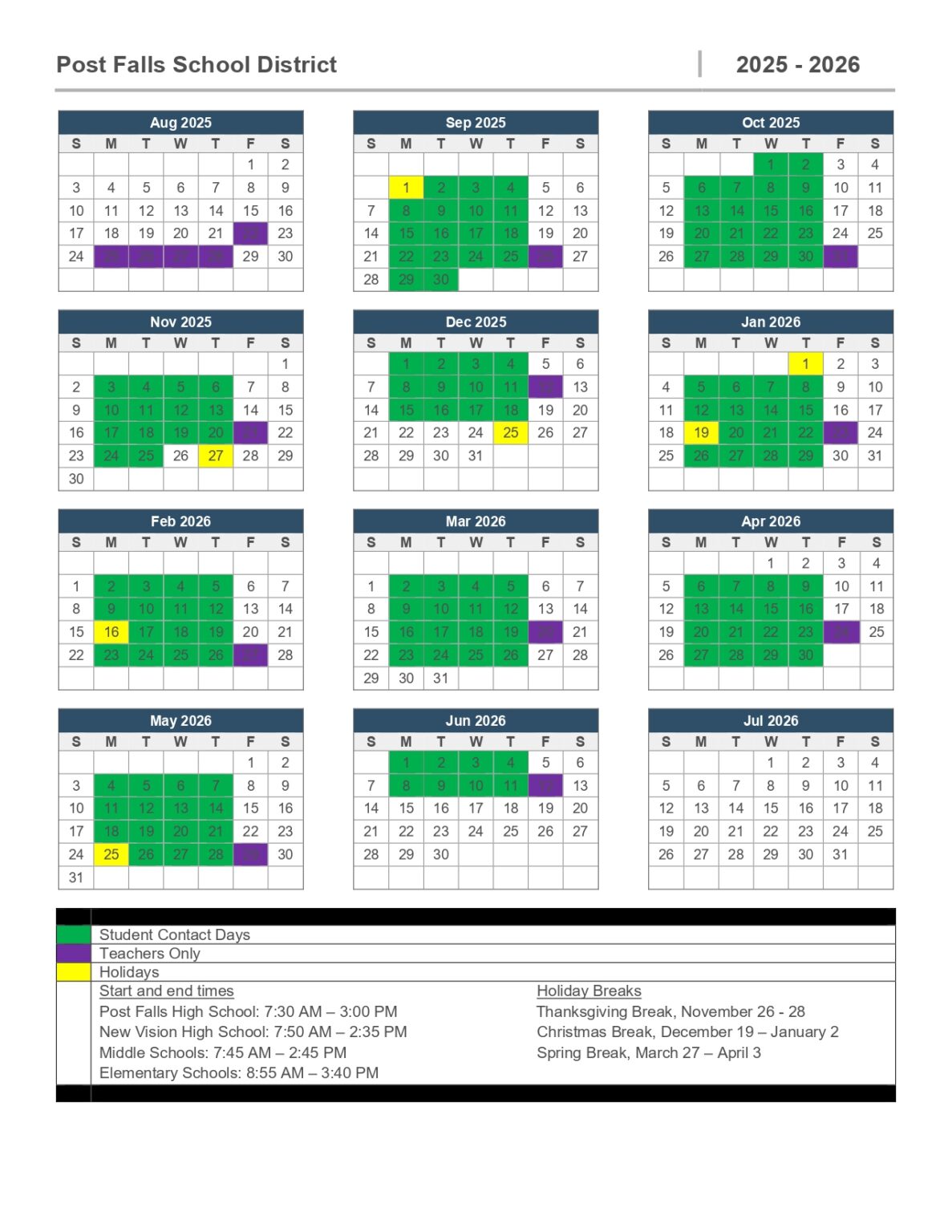 Post Falls School District 25-26 Calendar Revised [PDF] - EduCounty