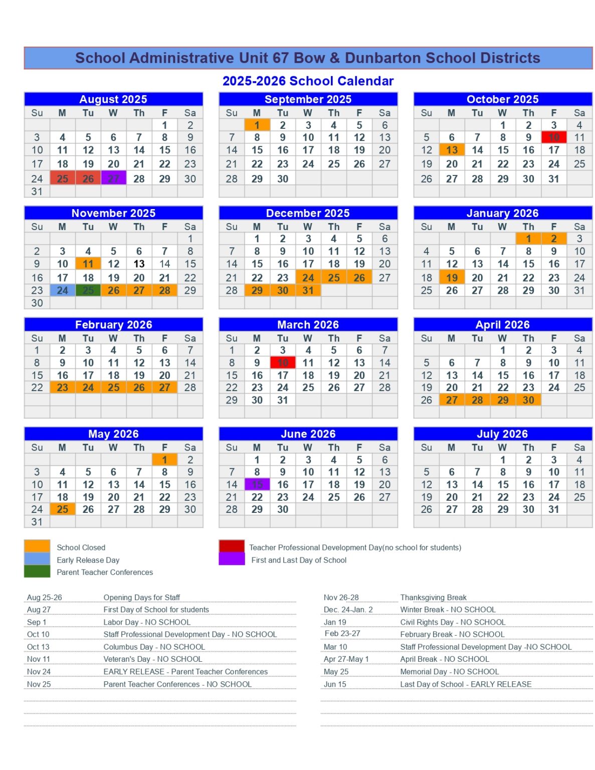 SAU67 Bow Dunbarton School Districts Calendar 25-26 Revised [pdf ...