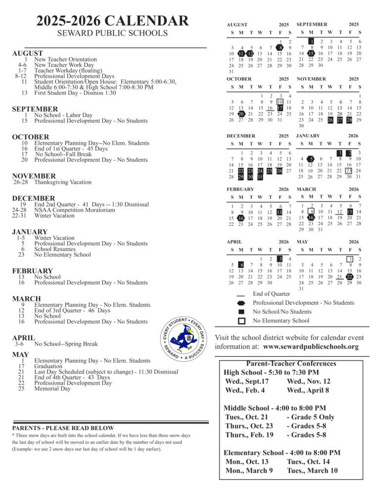 Seward Public Schools NE Calendar 25-26 Revised [pdf] - EduCounty
