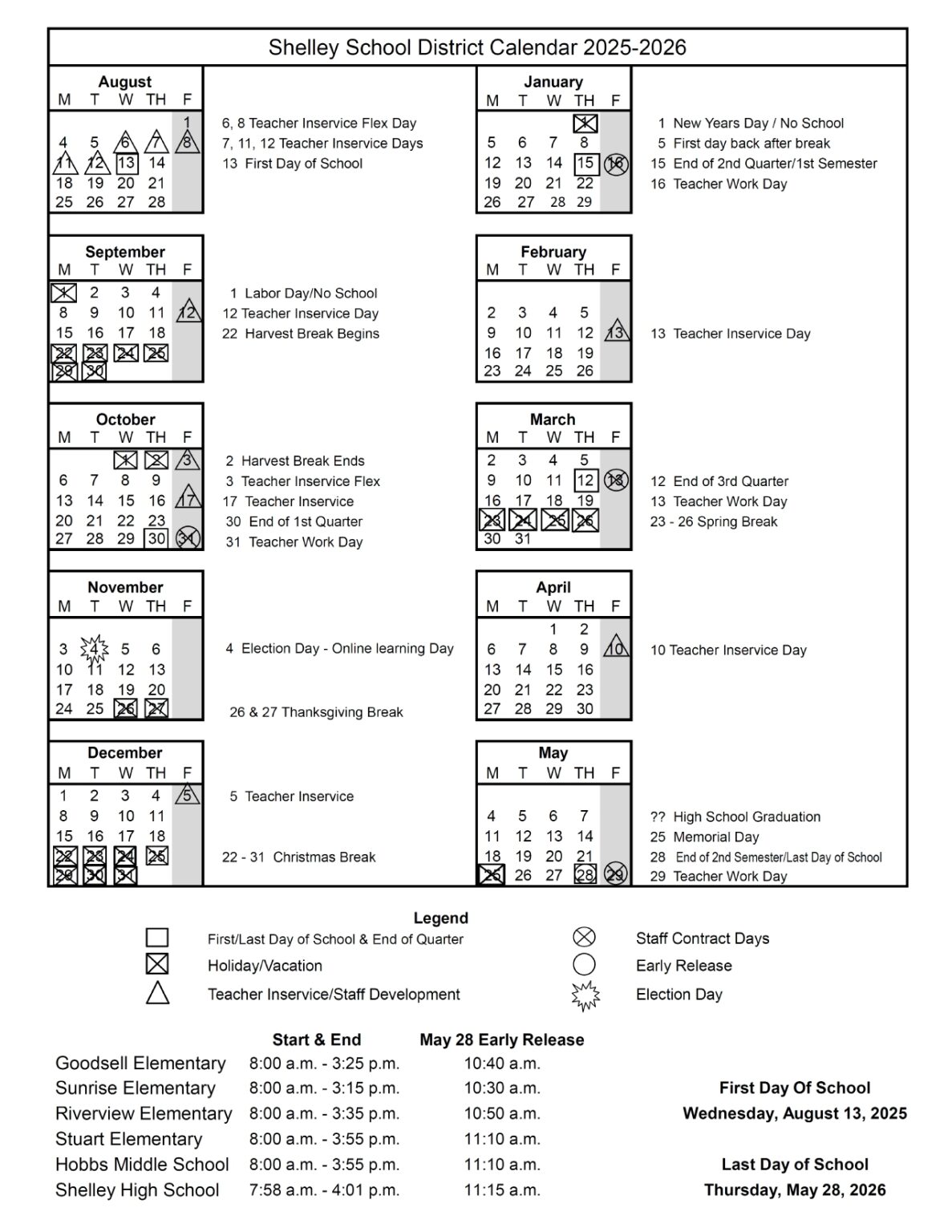 Shelley School District ID Calendar 25-26 Revised [pdf] - EduCounty