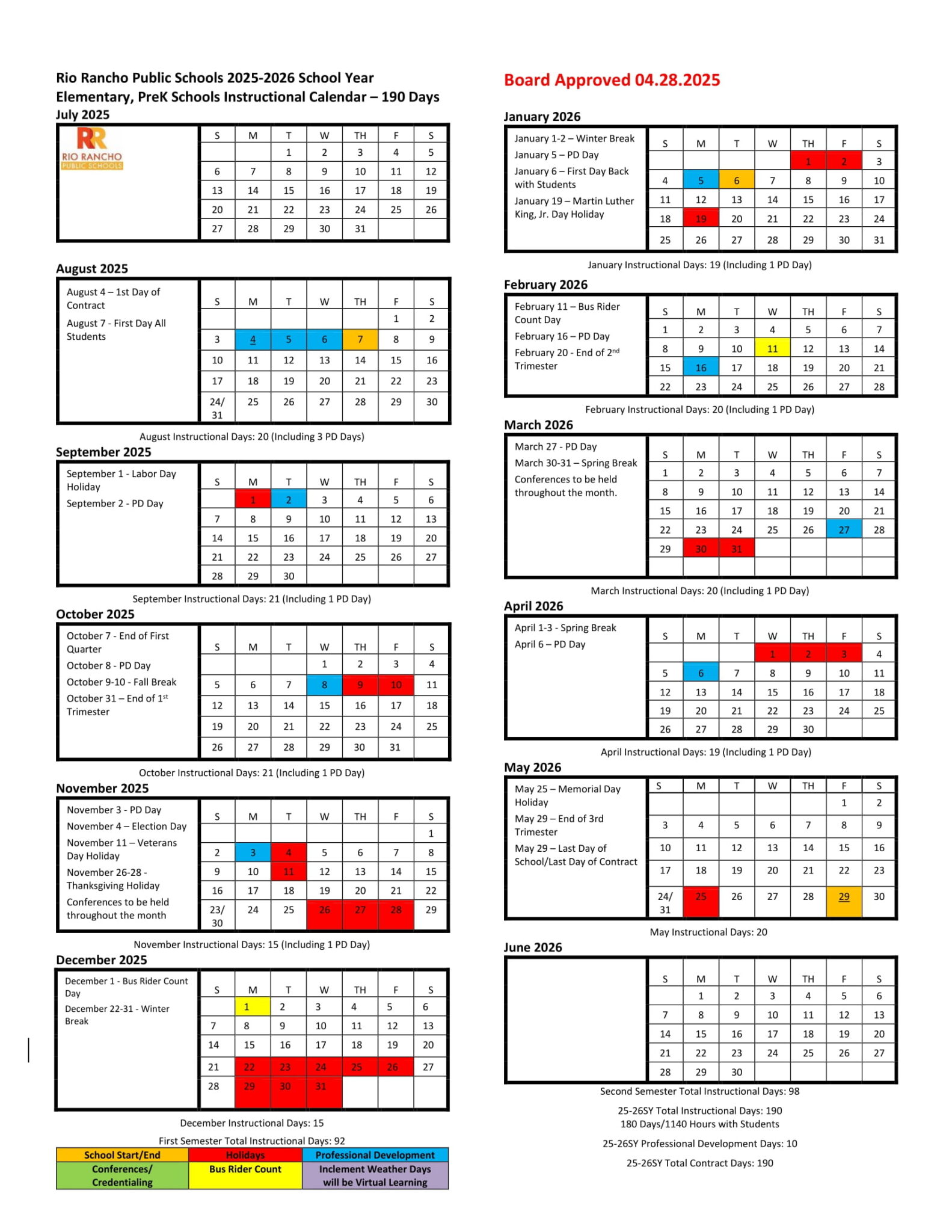 Rio Rancho Public Schools RRPS Calendar 25-26 Revised [pdf] - EduCounty