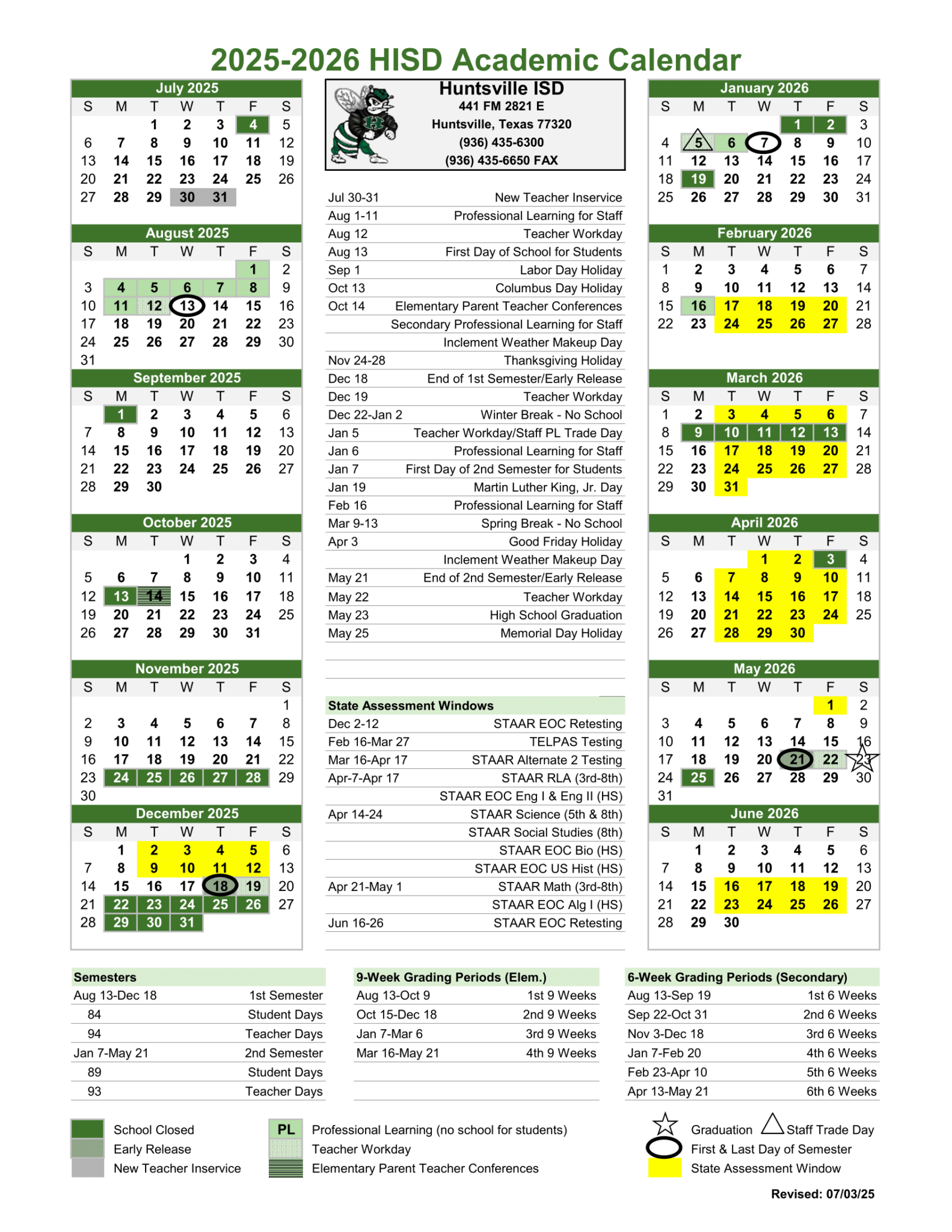 Huntsville ISD TX School Calendar 25-26 Revised pdf - EduCounty
