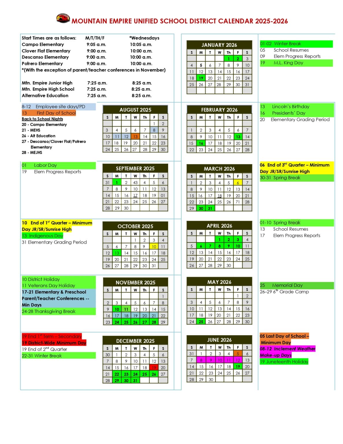 Mountain Empire Unified School District CA Calendar 25-26 Revised pdf - EduCounty
