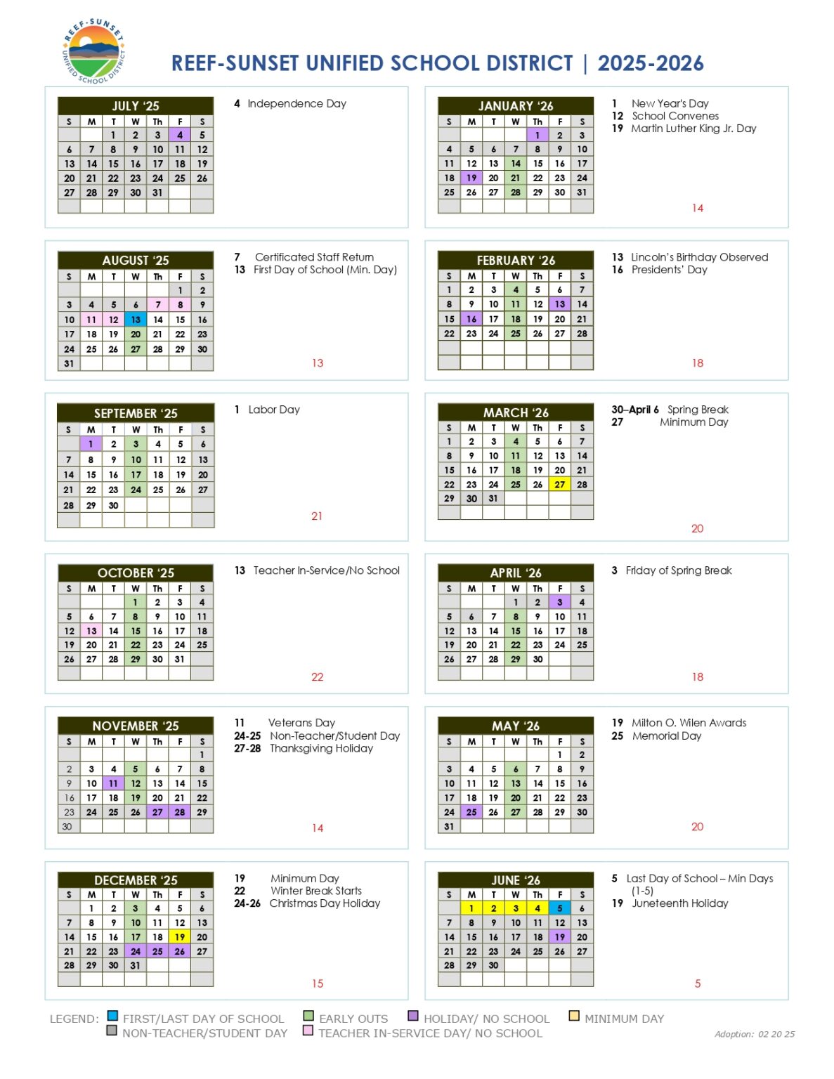 Reef-Sunset Unified School District Calendar 25-26 Revised pdf - EduCounty