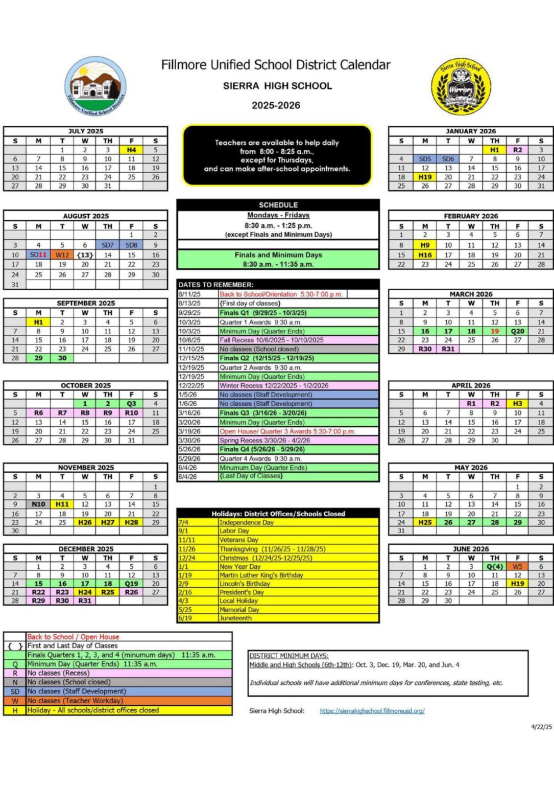 Fillmore Unified School District SIERRA HIGH SCHOOL Calendar 25-26 ...