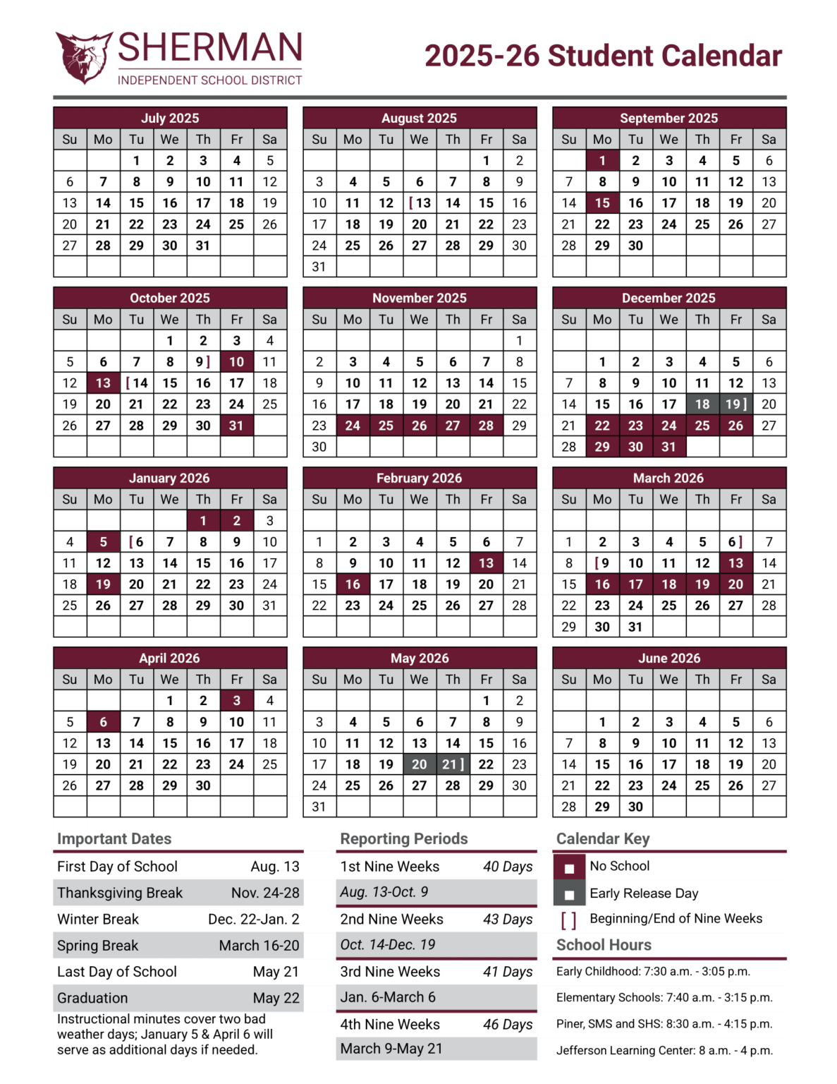 Sherman Independent School District Calendar 25-26 Revised pdf - EduCounty
