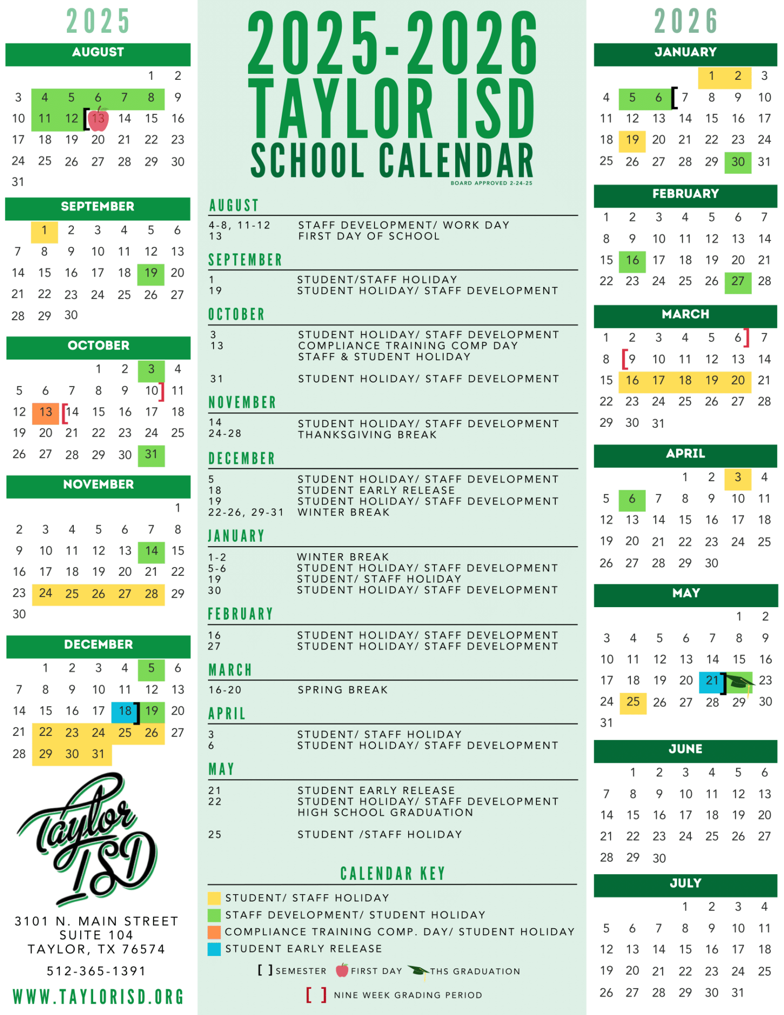 Taylor Independent School District ISD Calendar 25-26 Revised pdf ...