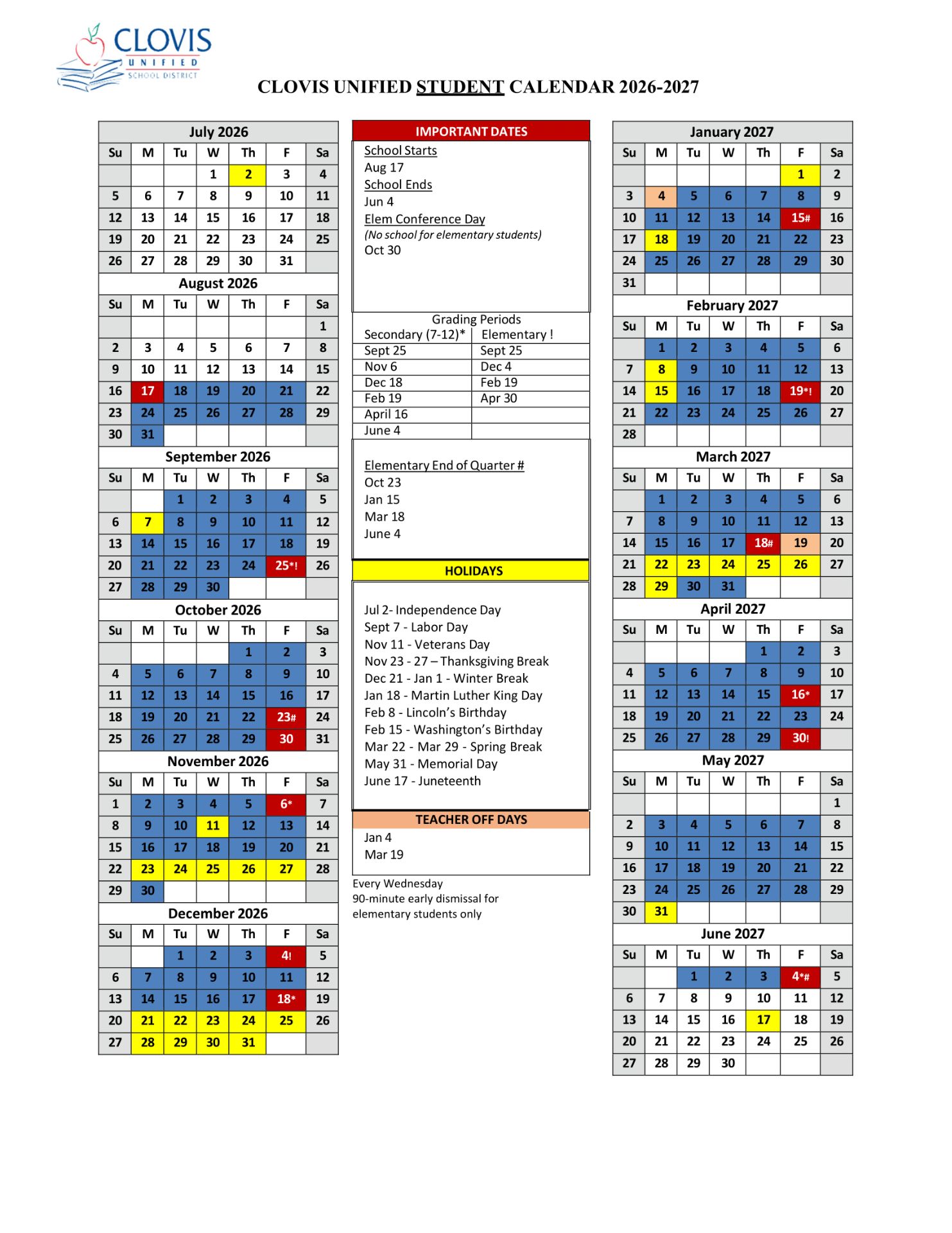 Clovis Unified School District Calendar 26-27 Revised PDF - EduCounty