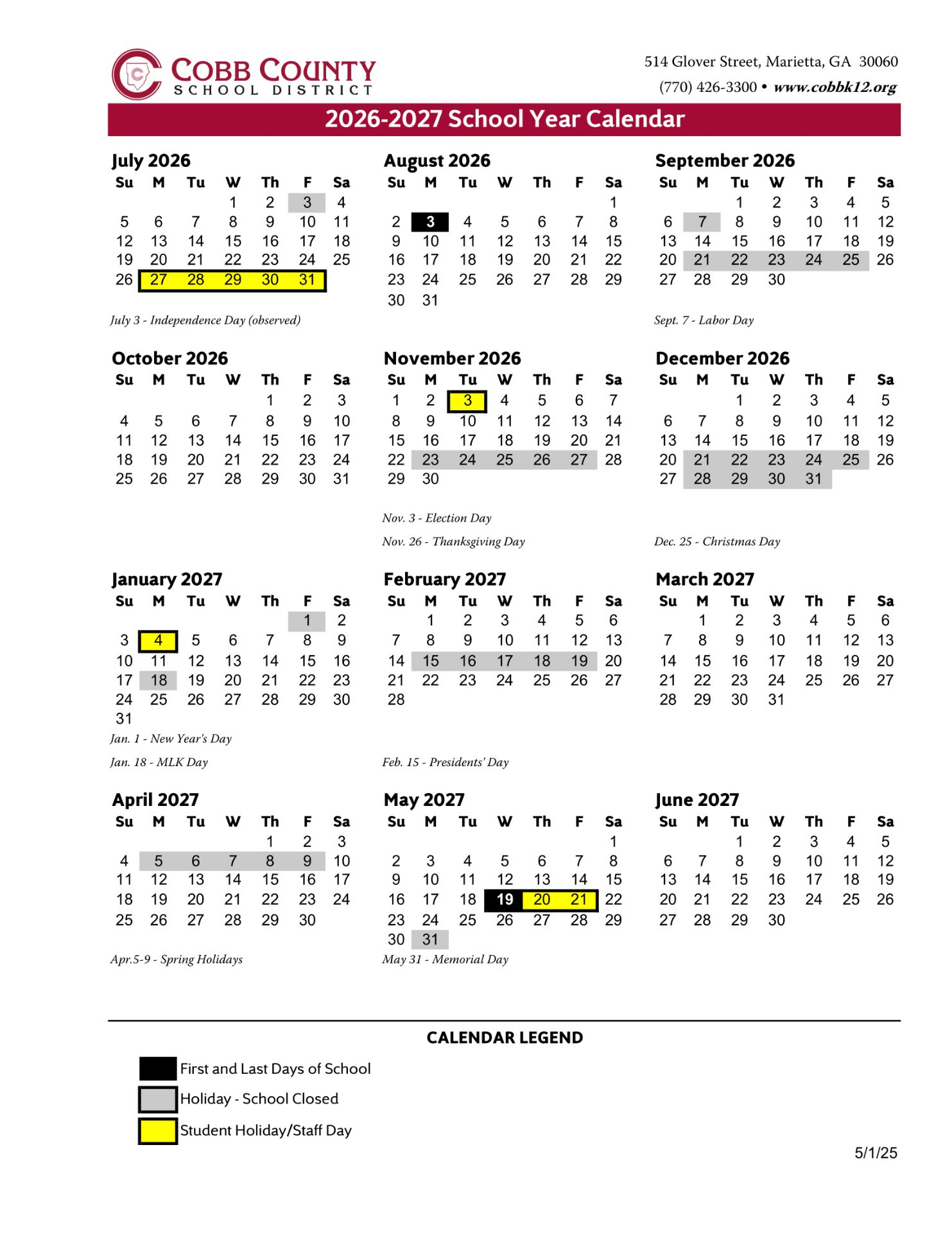 Cobb County School District GA Calendar 26-27 Calendar (Revised ...