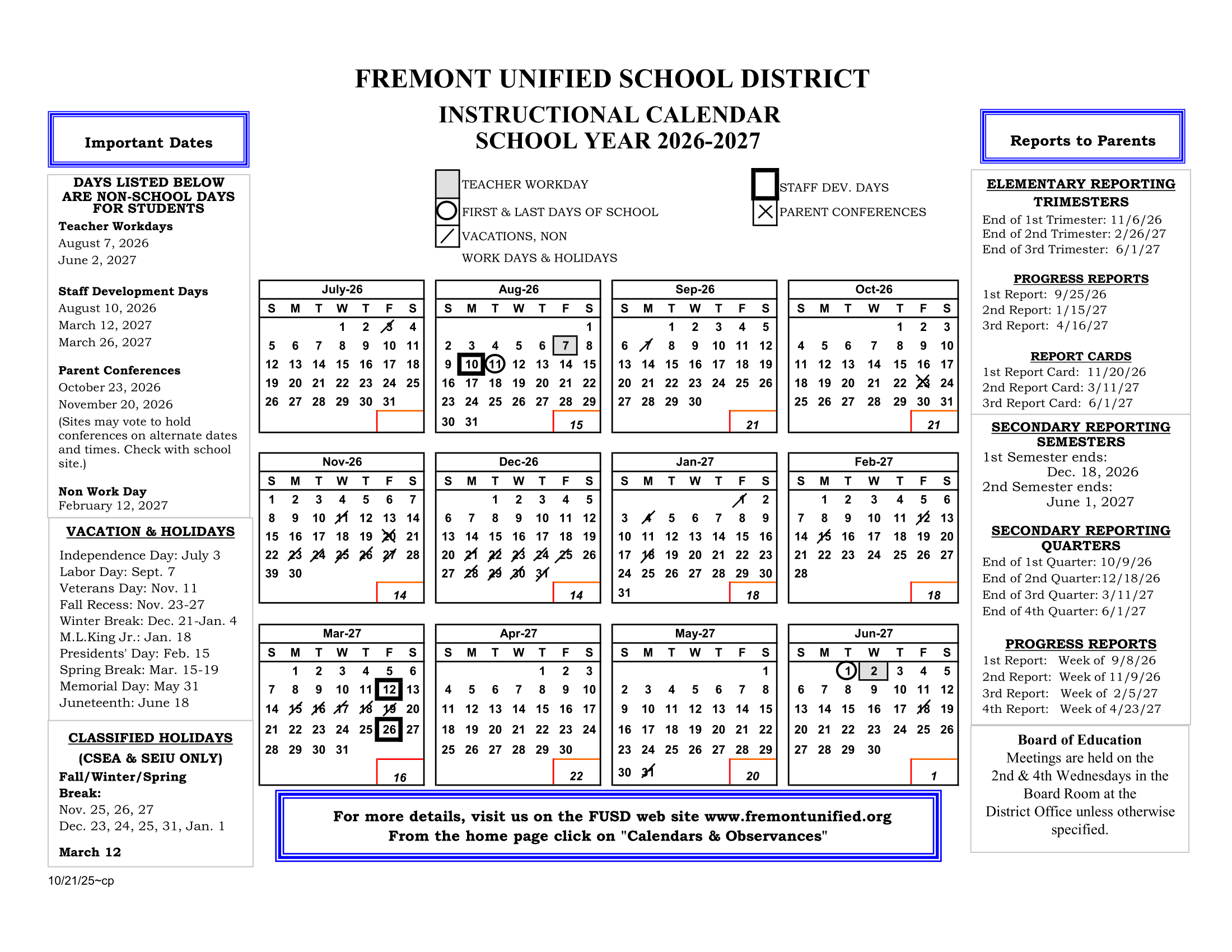 Fremont Unified School District Calendar 2026-27 (Updated) - EduCounty