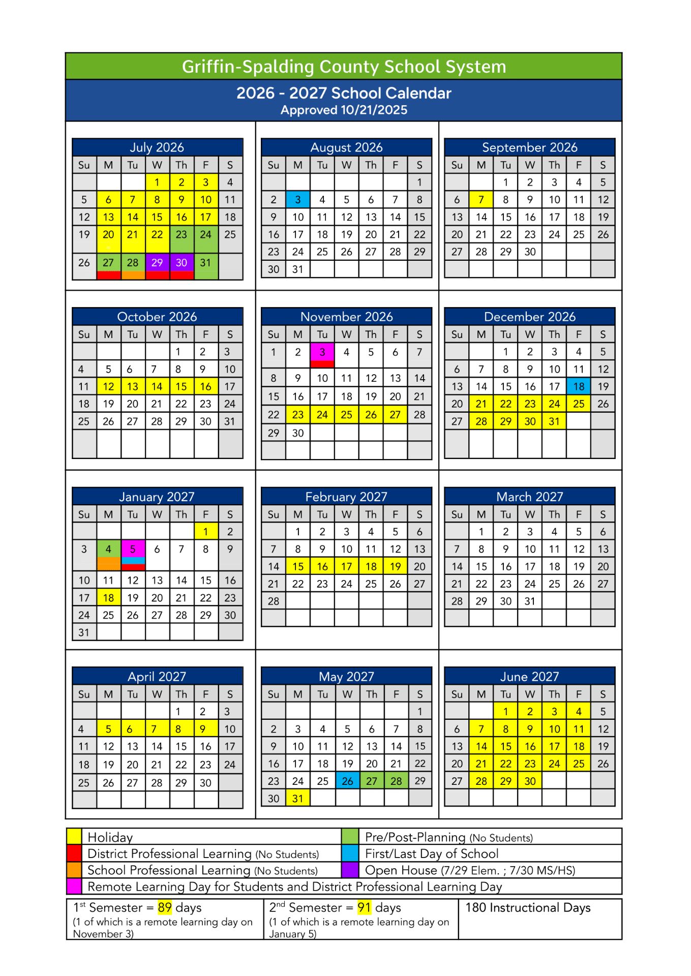 Griffin-Spalding County School GA Calendar 2026-27 Calendar Revised ...