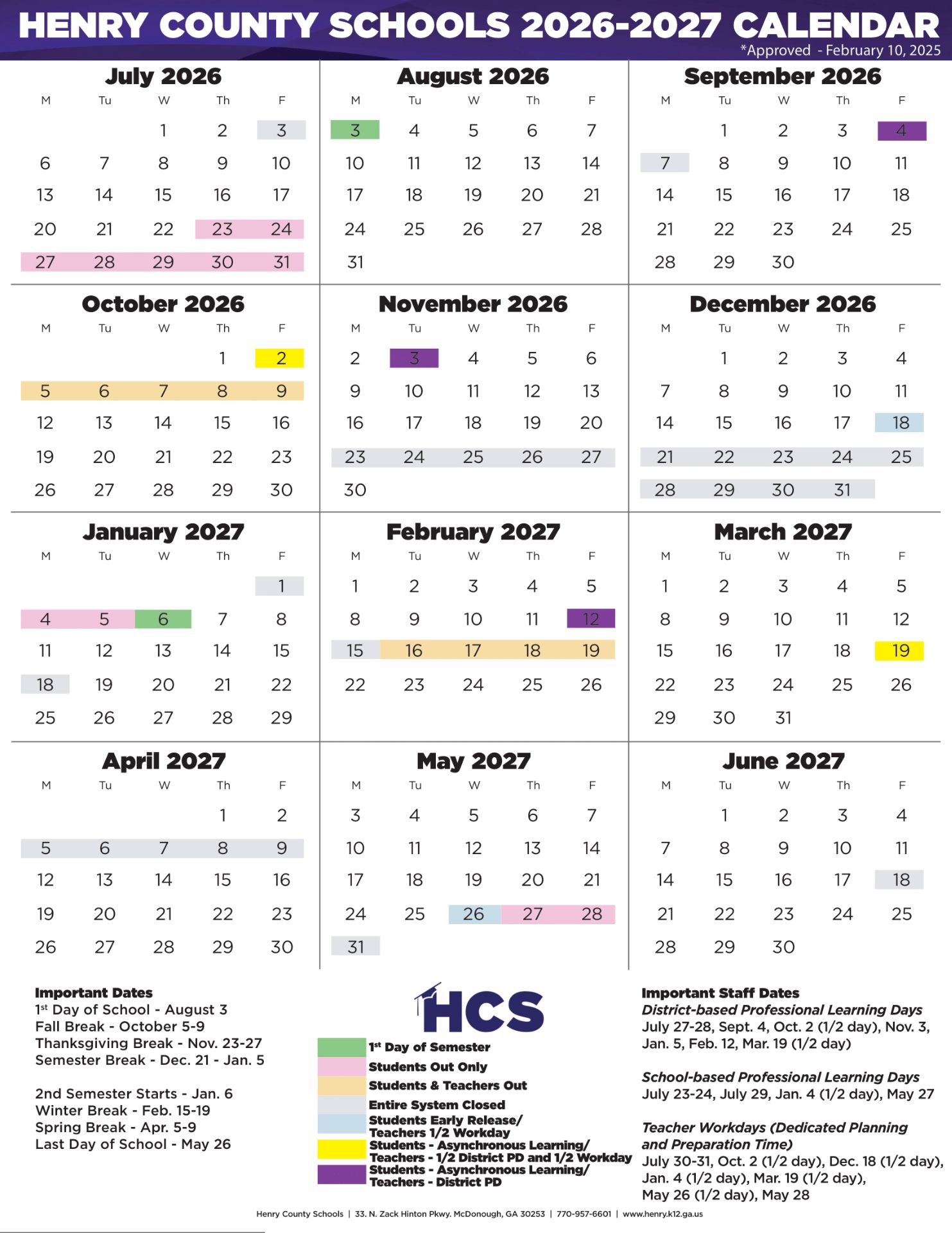 Henry County Schools GA District Calendar 26-27 Revised - EduCounty