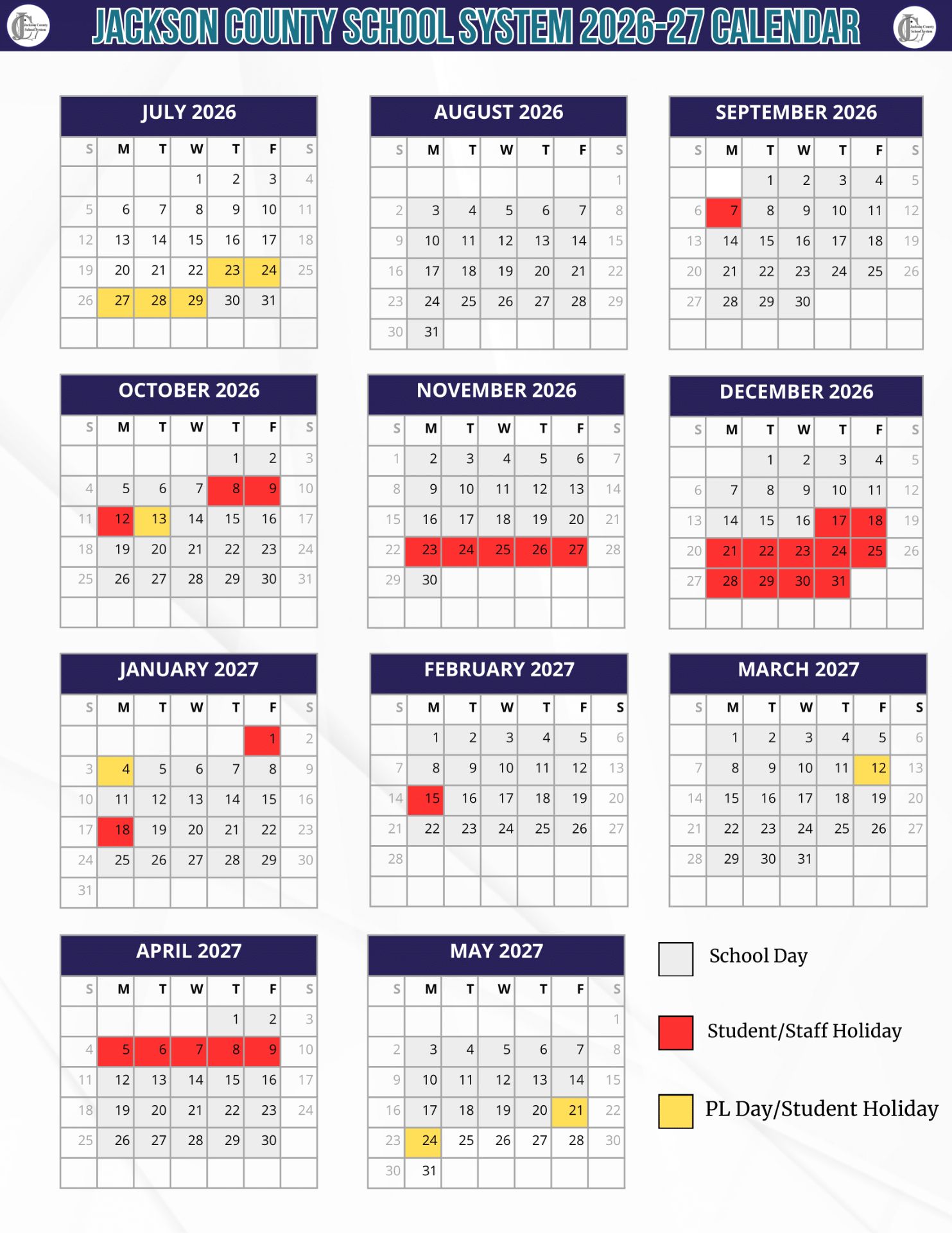 Jackson County School System Calender 2026-27 Calendar Revised - EduCounty