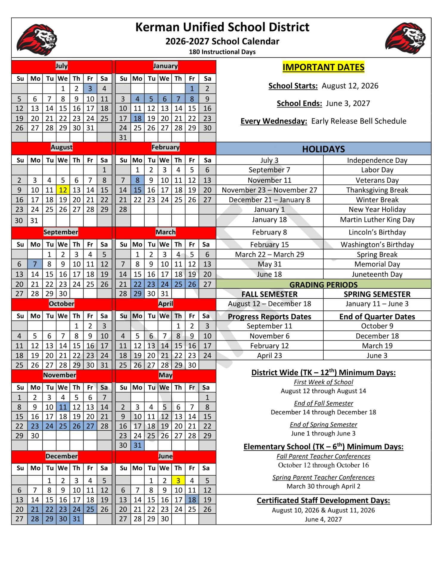 Kerman Unified School District Calendar 26-27 Revised PDF - EduCounty