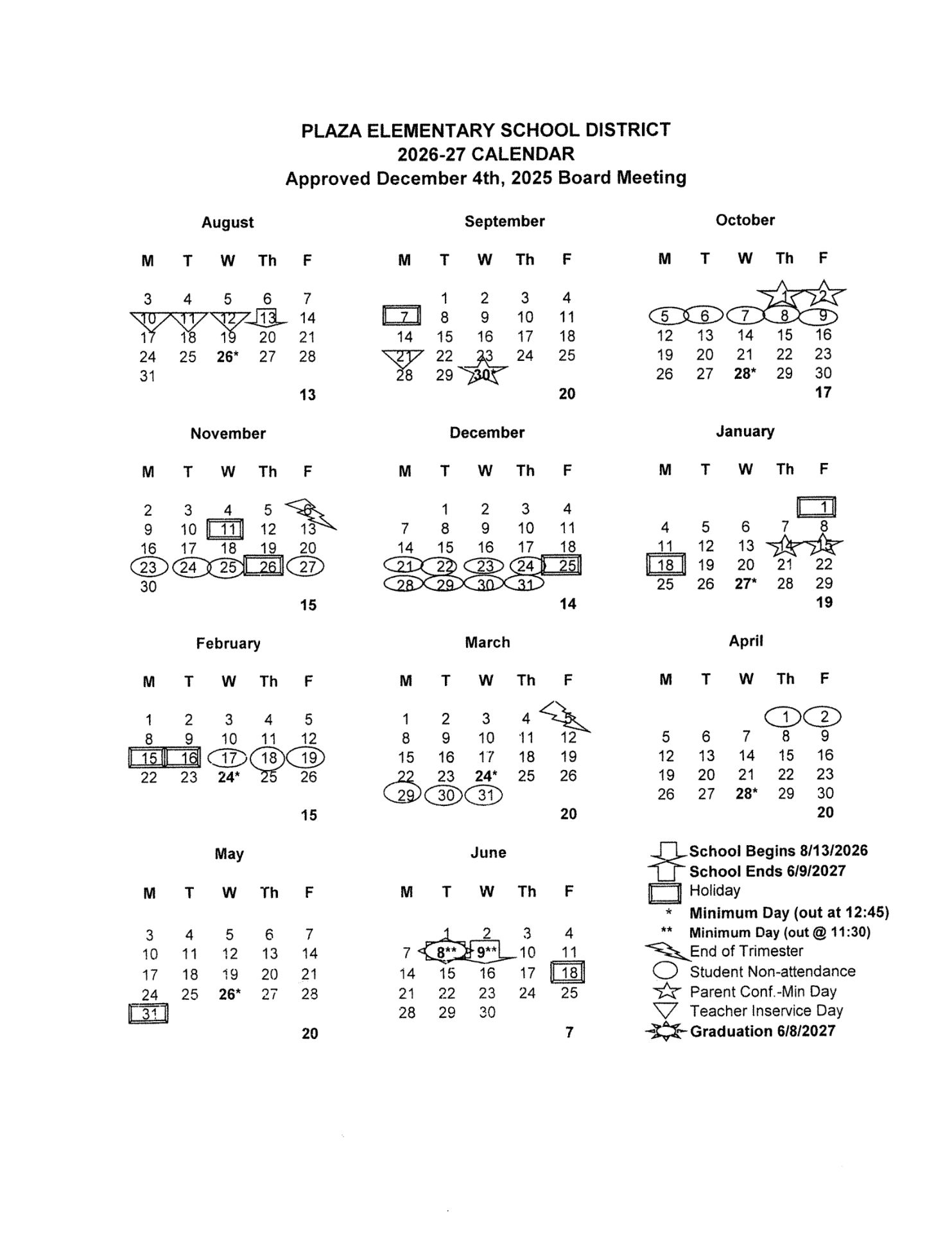Plaza Elementary School District Calendar 26-27 Revised PDF - EduCounty