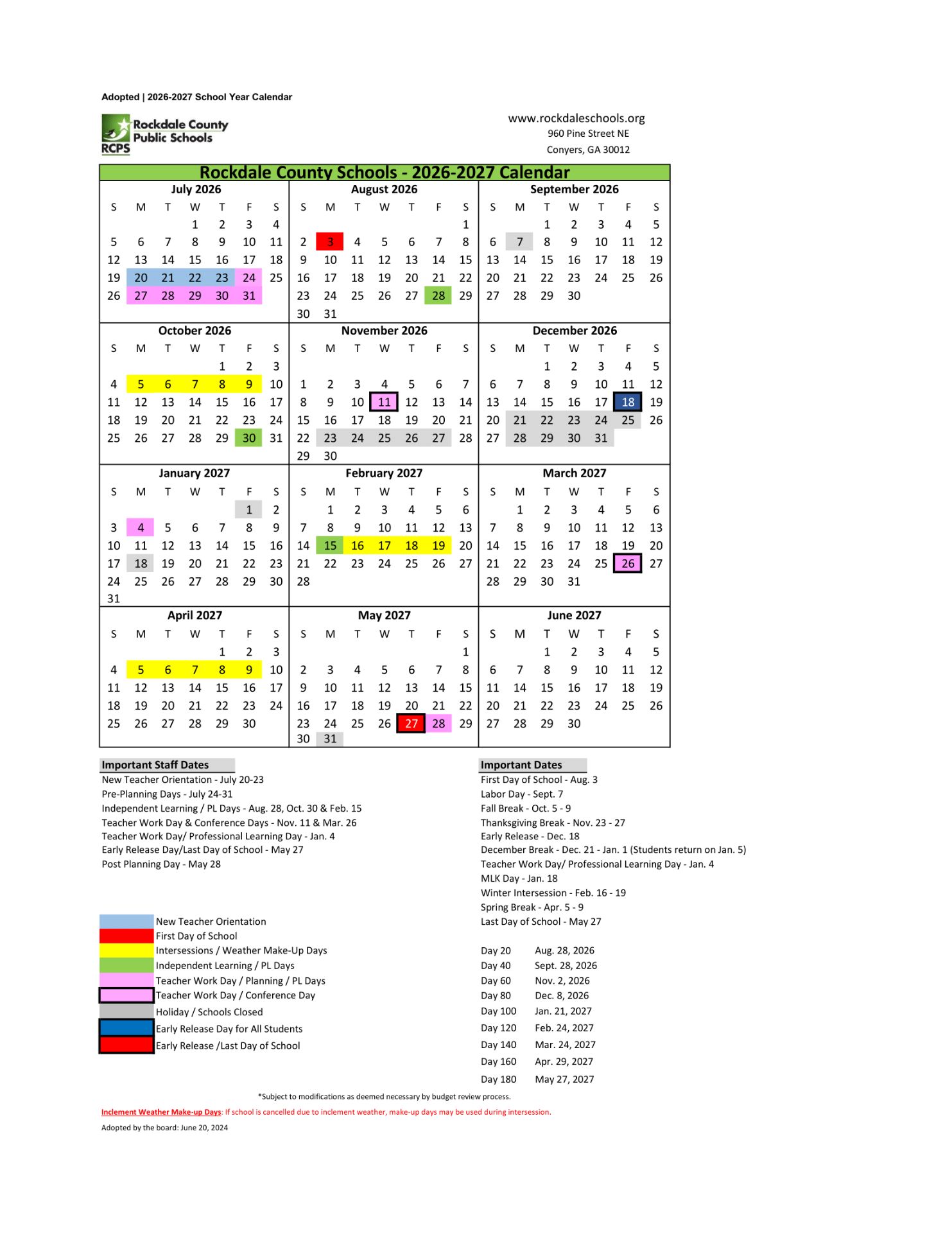 Rockdale County Schools GA Calendar 26-27 Calendar (Revised) - EduCounty