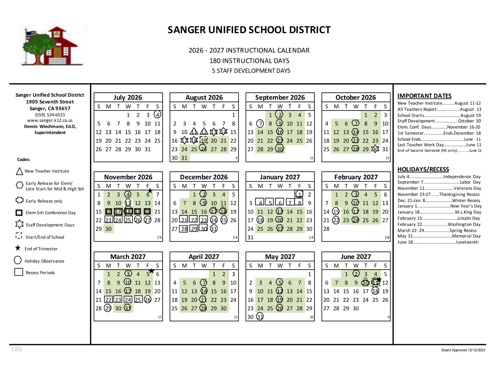 Sanger Unified School District Calendar 26-27 Revised PDF - EduCounty