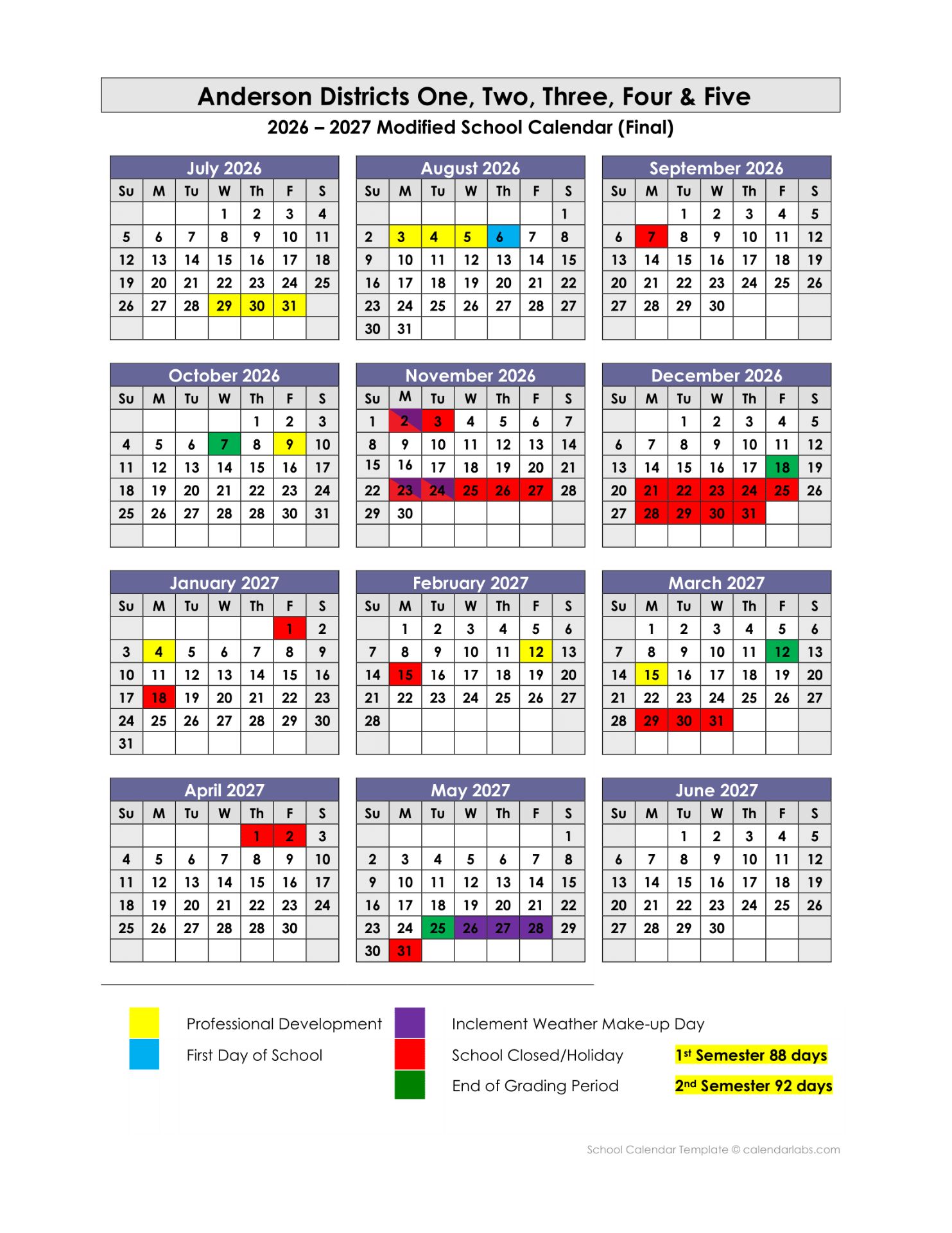 Anderson school District 1, 2, 3, 4, 5 Calendar 26-27 Revised - EduCounty