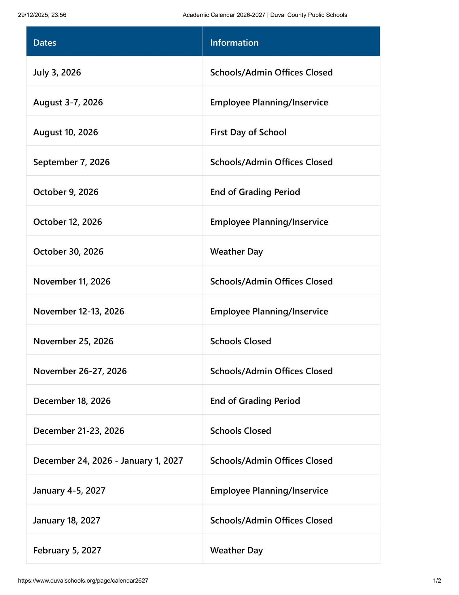 Duval County Public Schools Calendar 26-27 Revised (PDF) - EduCounty