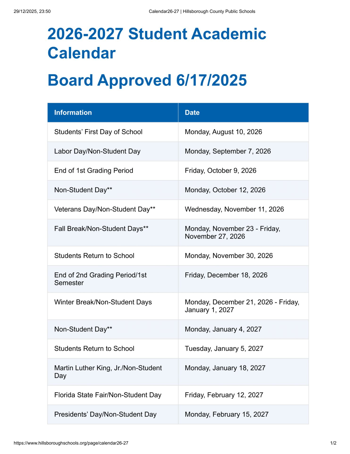 Hillsborough County Public Schools Calendar 26-27 Revised (PDF) - EduCounty