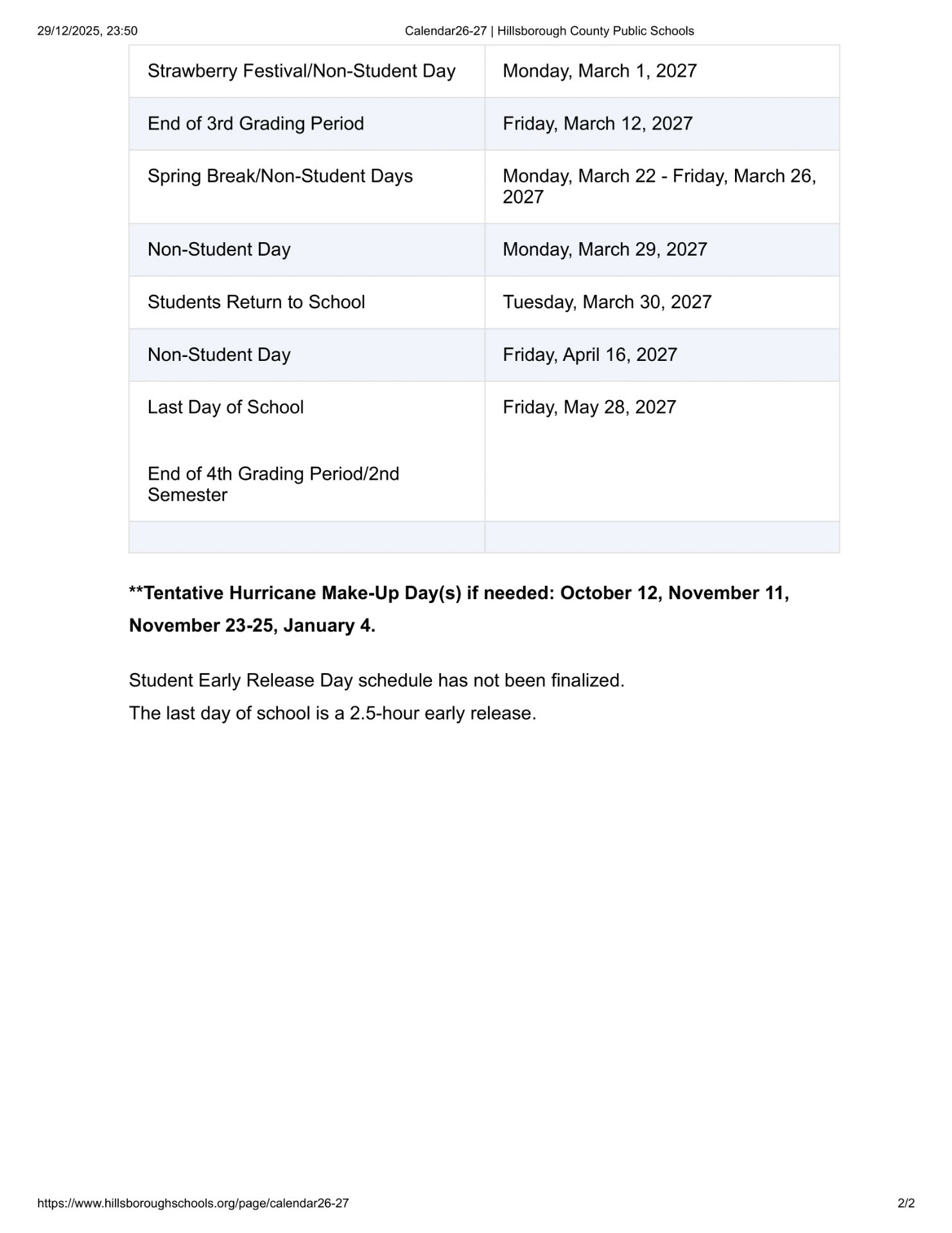 Hillsborough County Public Schools Calendar 26-27 Revised (PDF) - EduCounty