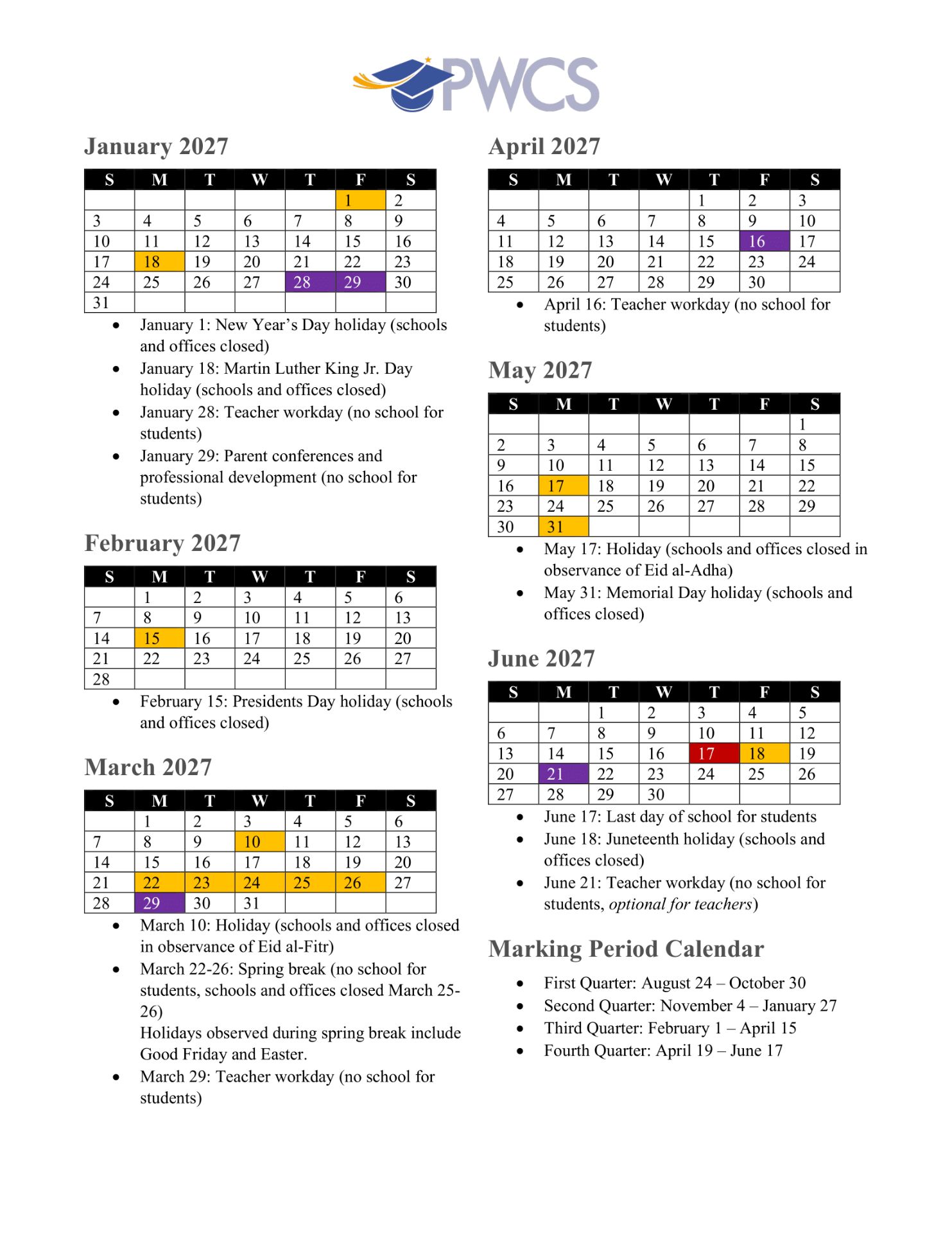 Prince William County Public Schools va Calendar 26-27 [pdf] - EduCounty