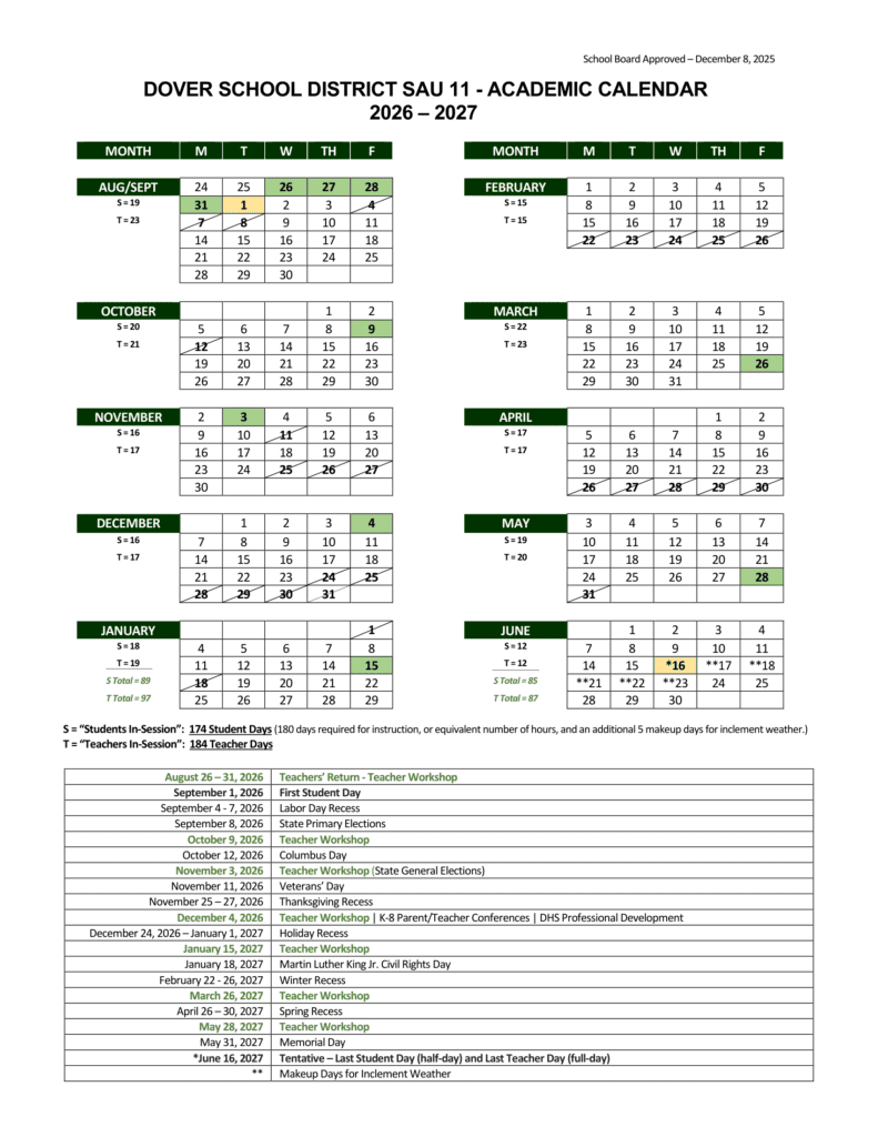 Dover School District SAU 11 Calendar 26-27 Revised[PDF] - EduCounty
