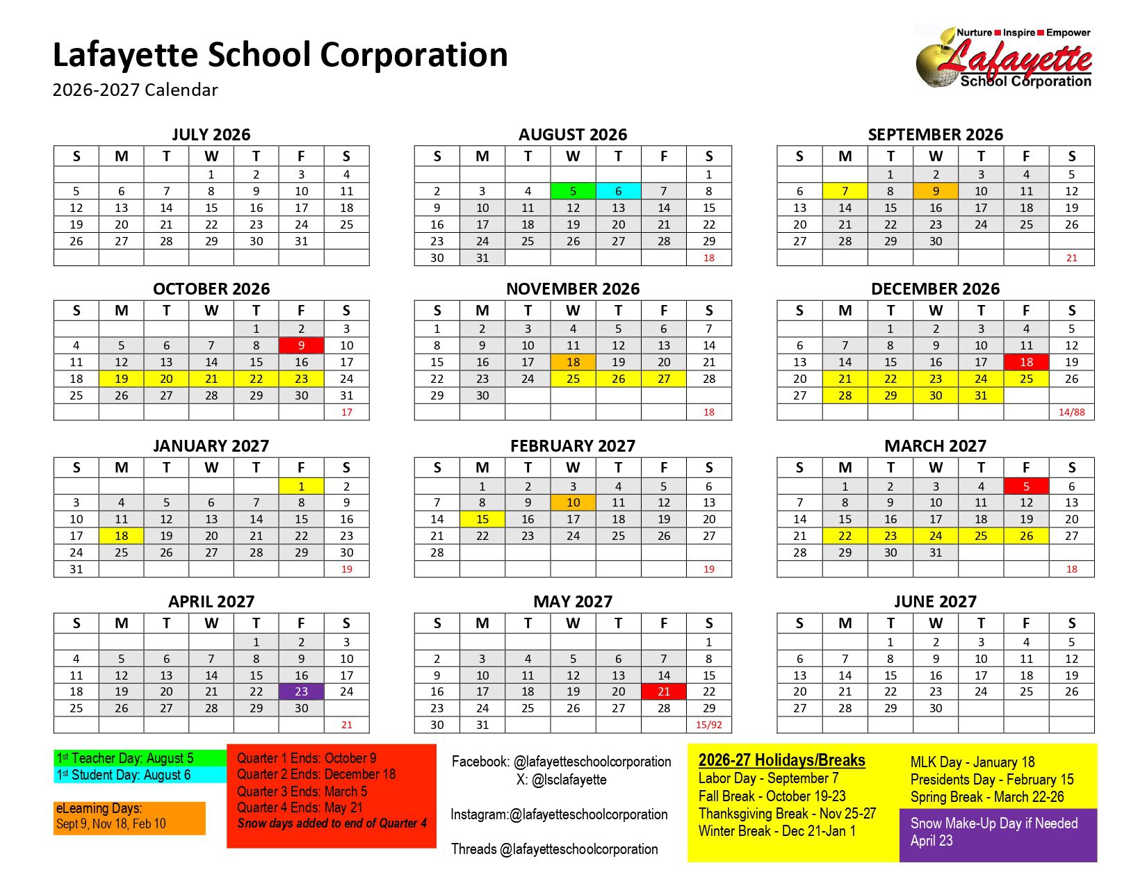 Lafayette School Corporation Calendar 26-27 [PDF] - EduCounty