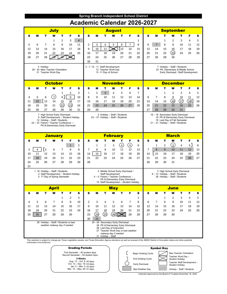 Spring Branch Isd Calendar 26-27 Calendars [PDF] - EduCounty