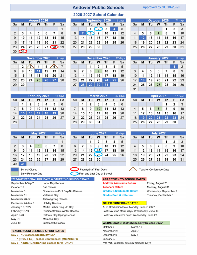 Andover Public Schools MA Calendar 26-27 Revised [PDF] - EduCounty