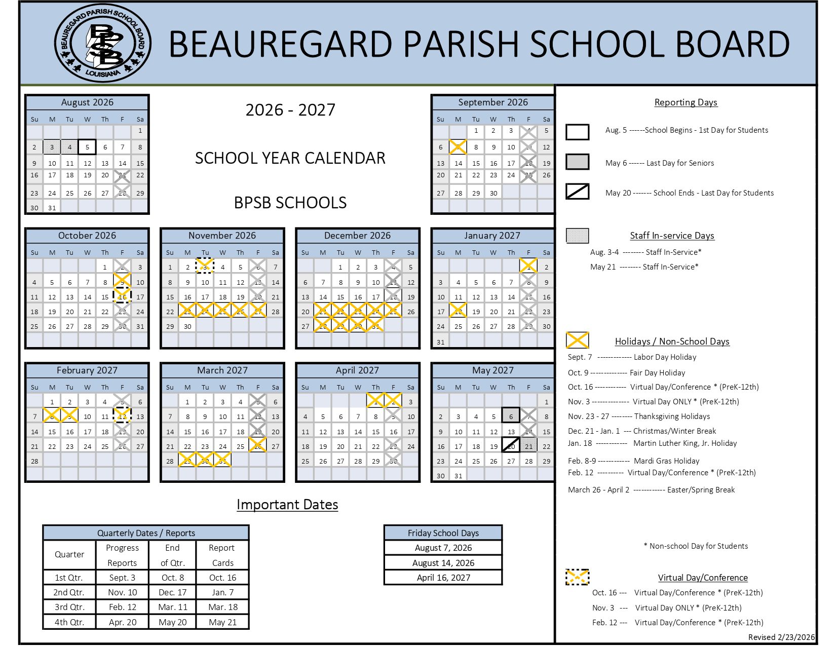 Beauregard Parish School Board Calendar 26-27 Revised [PDF] - EduCounty
