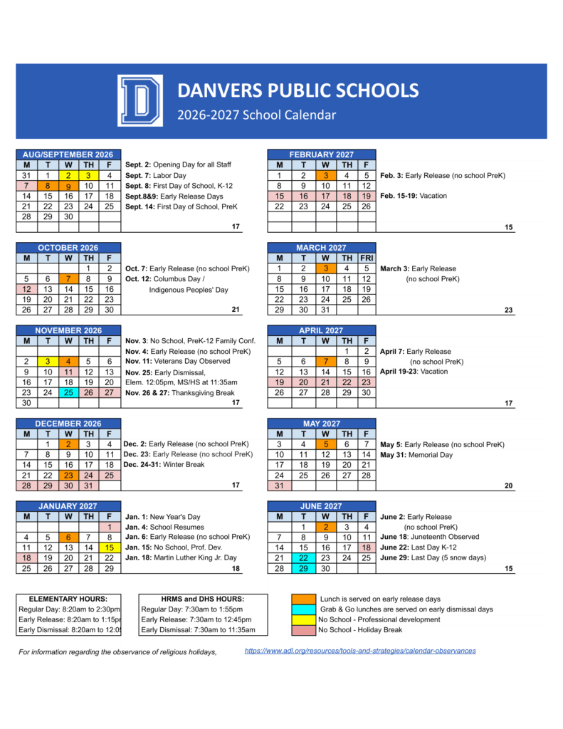 Danvers Public Schools 26-27 Calendar Revised [PDF] - EduCounty