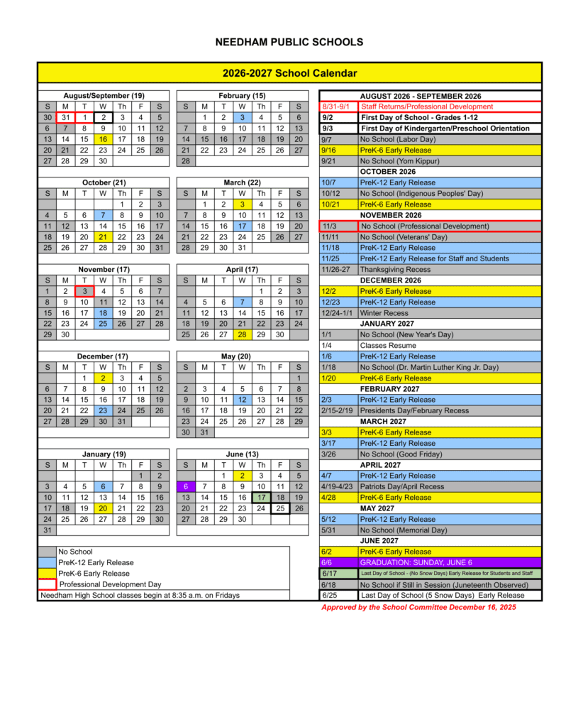 Needham Public Schools MA Calendar 26-27 Revised [PDF] - EduCounty