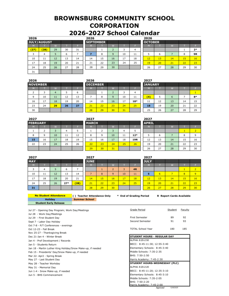 Brownsburg Community School Corporation Calendar 26-27 Revised - EduCounty