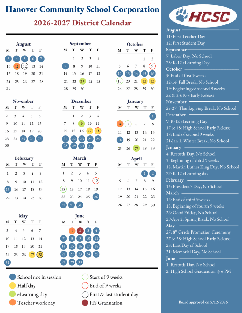 Hanover Community School Corporation Calendar 26-27 Revised - EduCounty