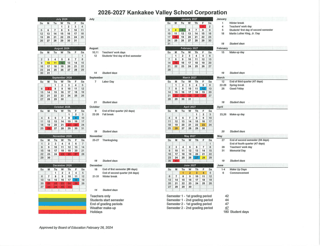 Kankakee Valley School Corporation Calendar 26-27 Revised - EduCounty