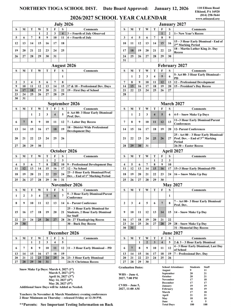 Northern Tioga School Dist. Calendar 26-27 Revised - EduCounty