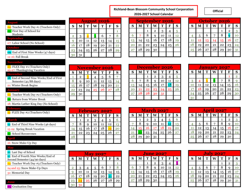 Richland-Bean Blossom Community School Corporation Calendar 26-27 ...