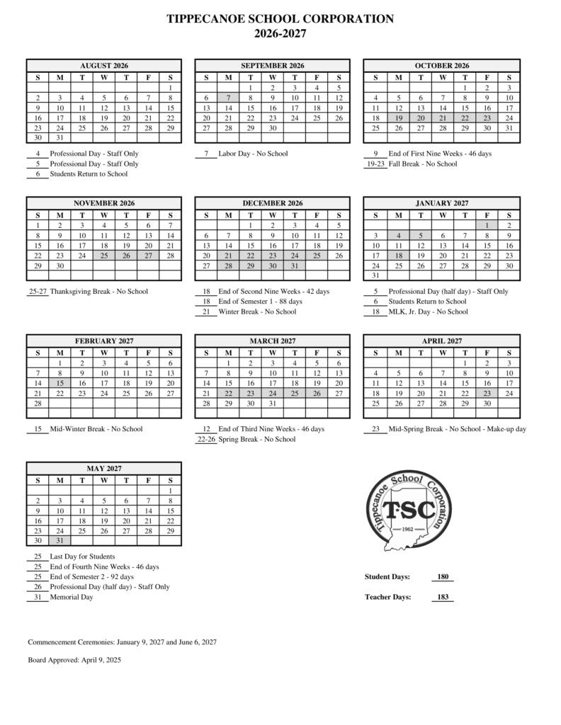 TIPPECANOE SCHOOL CORPORATION Calendar 26-27 Revised - EduCounty