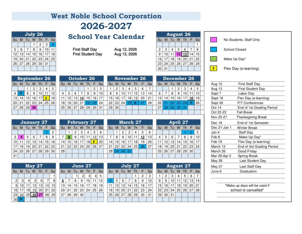 West Noble School Corporation Calendar 26-27 Revised - EduCounty