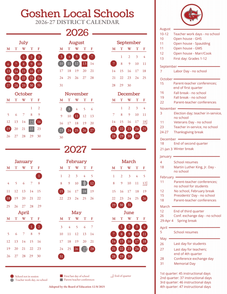 Goshen Local Schools Calendar 26-27 Revised - EduCounty