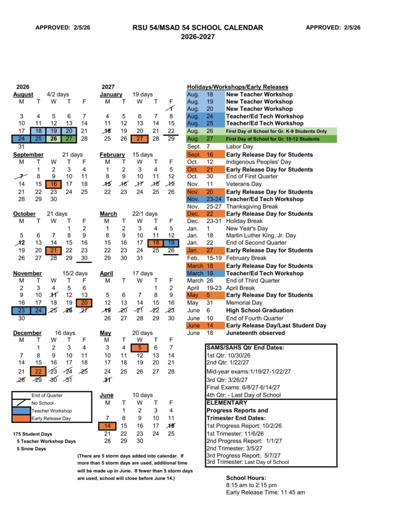 RSU 54/MSAD 54 Calendar 26-27 Revised - EduCounty