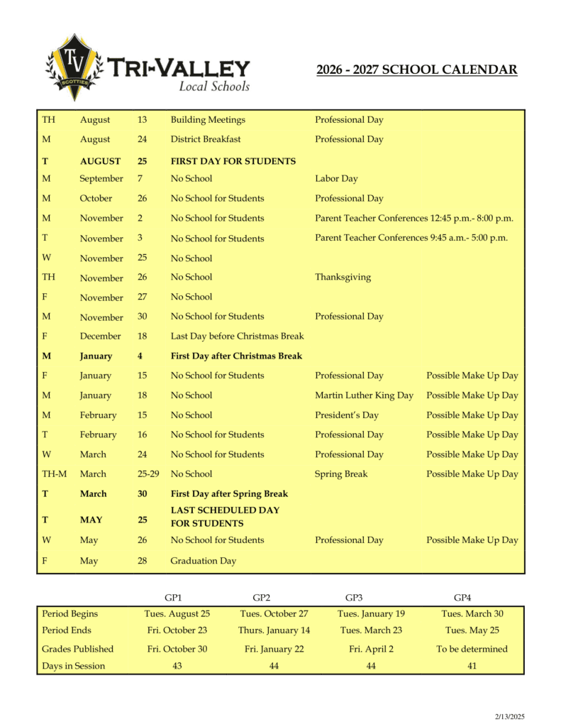 Tri-Valley Local Schools Calendar 26-27 Revised - EduCounty